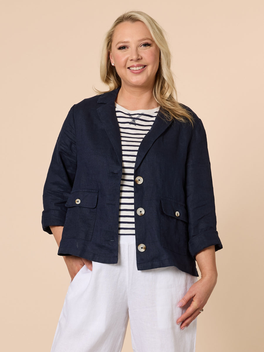 Danielle Linen Cropped Blazer - Navy – RC & Co