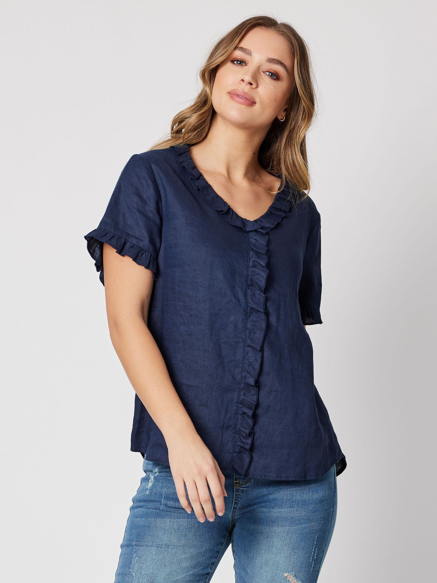 Tiffany Ruffle Linen Shirt - Navy – RC & Co