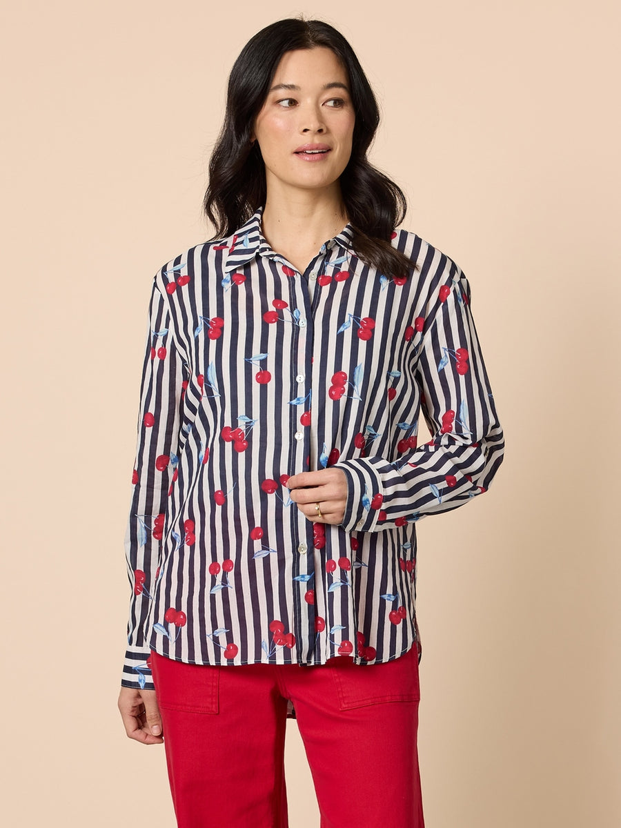 Cherry Stripe Print Sheer Shirt - Navy/White – RC & Co